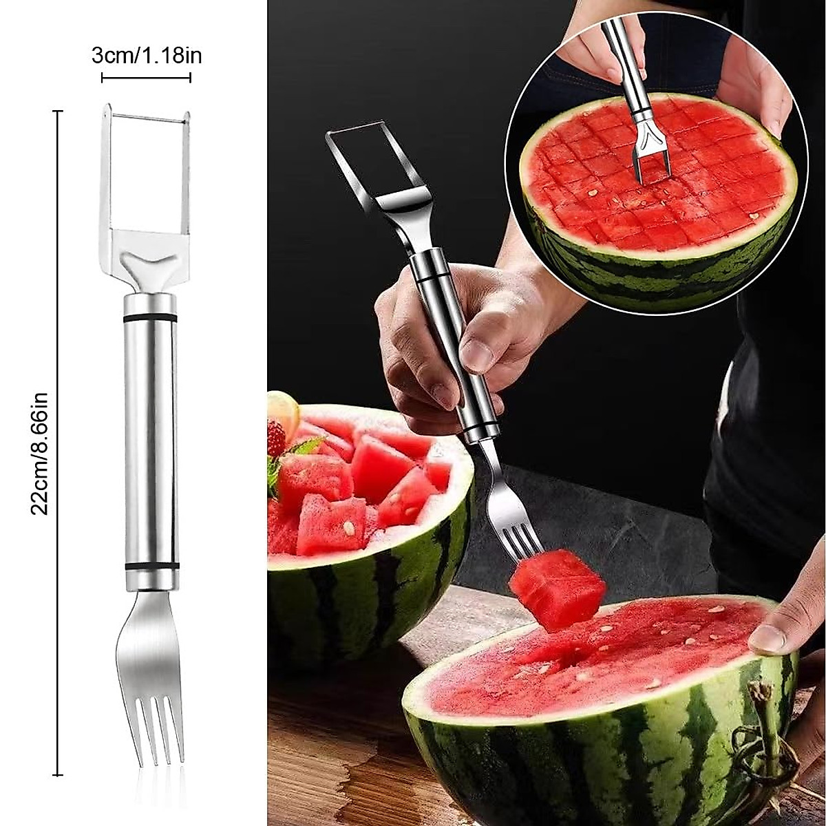 2-in-1 Stainless Steel Fruit Cutter，2024 New Upgrade Watermelon Fork Slicer Cutter Slicer Tool，Portable Watermelon Fork Watermelon Cutter Slicer Tool Fruit Forks Slicer for Home Party Camping Kitchen