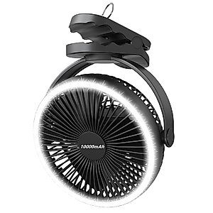 8 Inch Rechargeable Clip on Fan with Camping Lantern, Strong 4 Speeds & Timer, 10000mAh Battery Operated Clip Fan for Bed, Outdoor Travel, Golf Cart - Flexible Hook & Quiet Operation (Black)