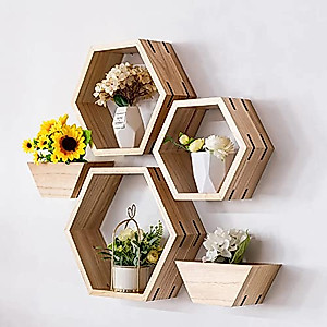 Aumneppa Hexagon Floating Shelves Set of 5, Wall Mounted Wood Farmhouse Storage Honeycomb Wall Shelf and Plant Pots for Wall Decor, Bathroom, Kitchen, Living Room, Office and More (Natural)