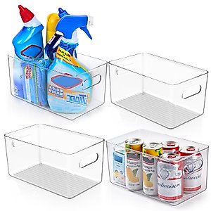 Chikit 4 PCS Clear Plastic Storage Bins, Refrigerator Organizer Bins with Handles, Pantry Organizer Bins for Food, BPA-Free Fridge Organizer for Fridge, Freezer, Kitchen, Cabinet, Pantry, 10" Long