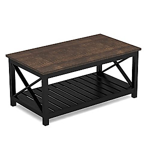 ChooChoo Coffee Table, Rustic Vintage Farmhouse Living Room Table with Shelf, 40