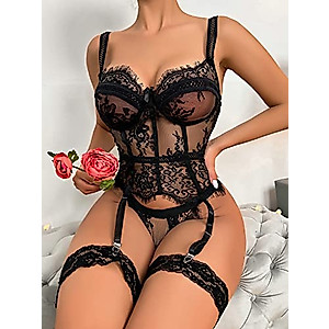 SOLY HUX Women's 3 Piece Floral Lace Garter Lingerie Bra and Panty Set Black L
