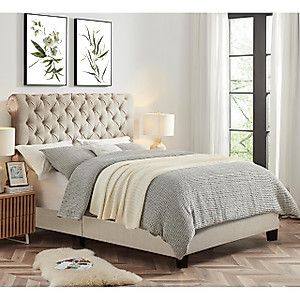 Rosevera Gideon Bed Frame/Fabric Upholstered Bed Frame with Adjustable Headboard/Chesterfield-Styled/Wood Slat Support/Easy Assembly,Full,Natural Beige