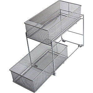 YBM Home Silver 2 Tier Mesh Sliding Spice and Sauces Basket Cabinet Organizer Drawer 2304