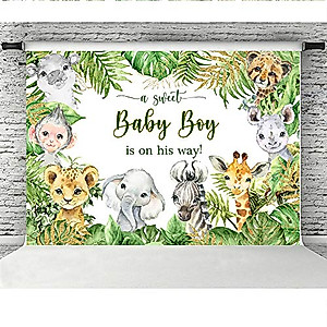Lofaris Safari Baby Shower Backdrop for Photography Jungle Animals Baby Shower Background Newborn Baby Party Decorations for Boy Cake Table Banner 7x5ft