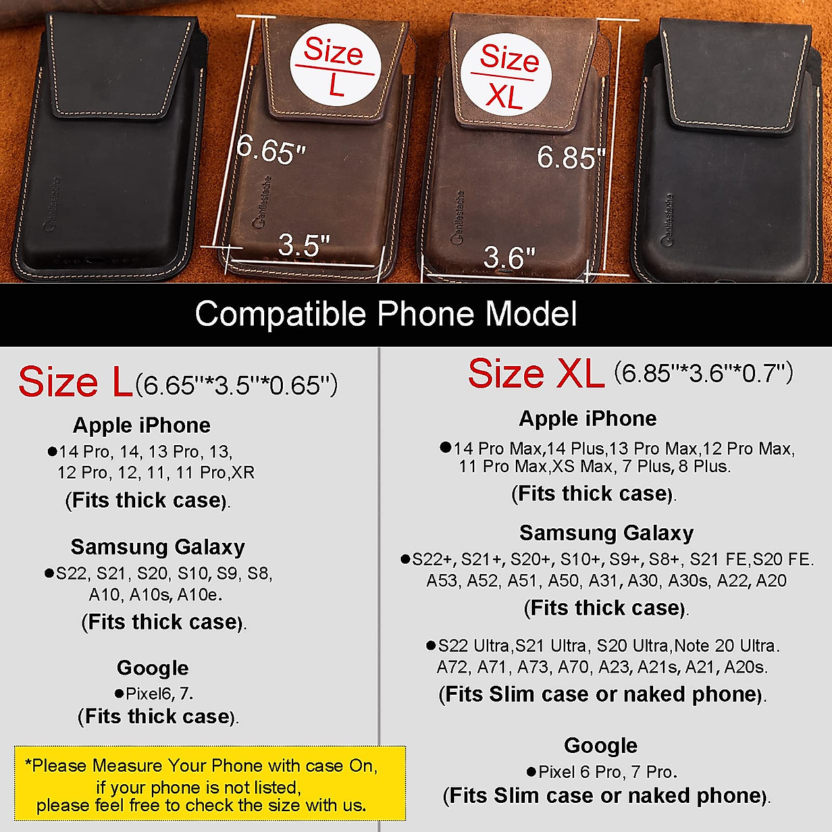 Gentlestache Leather Cell Phone Holster with Belt Clip, Flip Cell Phone Case for iPhone 14 13 Pro, Phone Belt Holder for S22 S21, Universal Cell Phone Pouch for Smartphone, Black