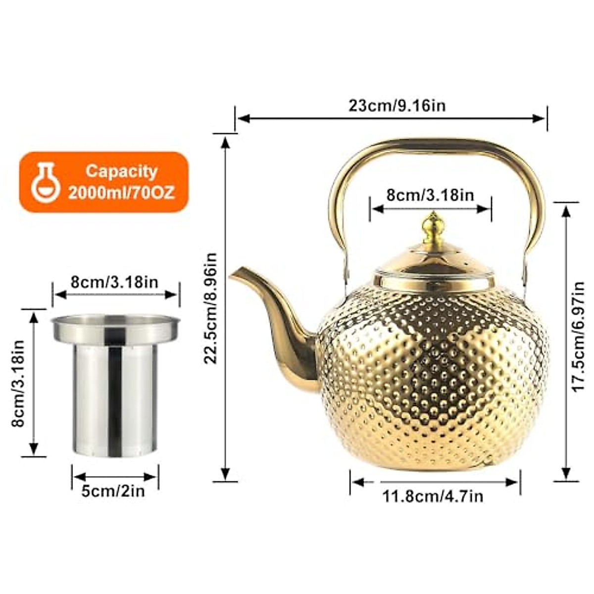 SANQIAHOME 2000ml teapot with Infuser stainless steel Water Boilers lifting handle Tea Maker Water Kettle for Induction/Gas gold