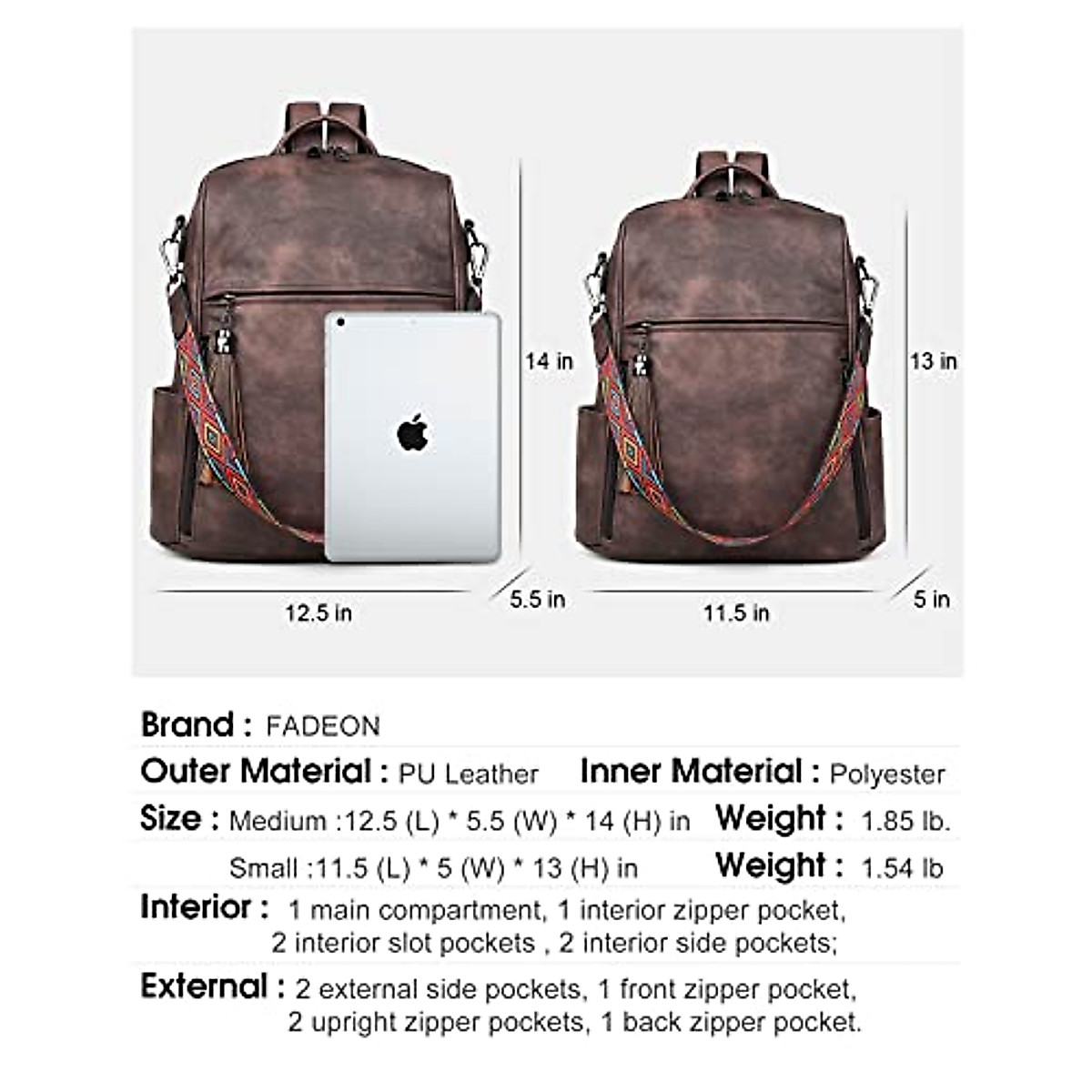 FADEON Leather Backpack Purse for Women Designer Travel Backpack Purses PU Fashion Ladies Shoulder Bag with Tassel Coffee