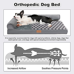 Kudoggy Large Dog Bed, Orthopedic Dog Beds for Large Dogs, Dog Sofa Bed with L-Shaped Bolster, Memory Foam Dog Bed with Waterproof Liner and Washable Cover, 35"x26", Grey