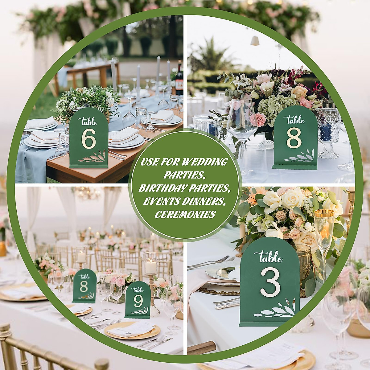 10 Pcs Wedding Table Number Wooden Arch Wedding Reception Number Centerpiece Set 5" X 7" Tables Number Sign with Wooden Base Rustic Country Wedding Olive Green Wedding Party Decor