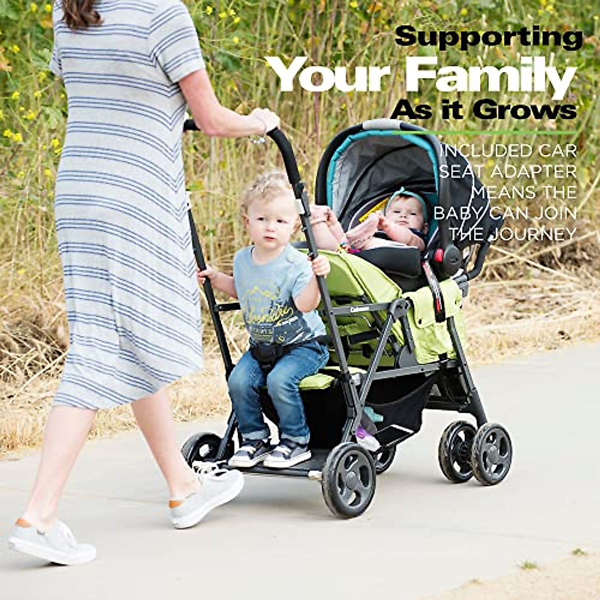 Joovy Caboose Sit and Stand Double Stroller with Rear Bench and Standing Platform, 3-Way Reclining Seats, Optional Rear Seat, and Universal Car Seat Adapter (Red)