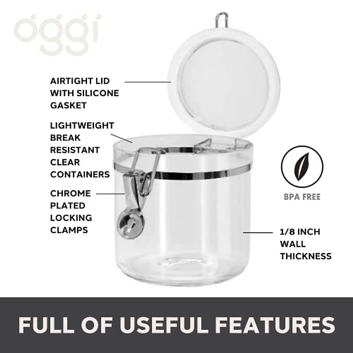Oggi Jumbo Clear Canister with Clamp Lid, 150 oz - Airtight Food Storage Container, for Kitchen & Pantry Storage of Bulk, Dry Foods Including Pasta, Flour, Sugar, Coffee, Rice, Tea, Spices & Herbs