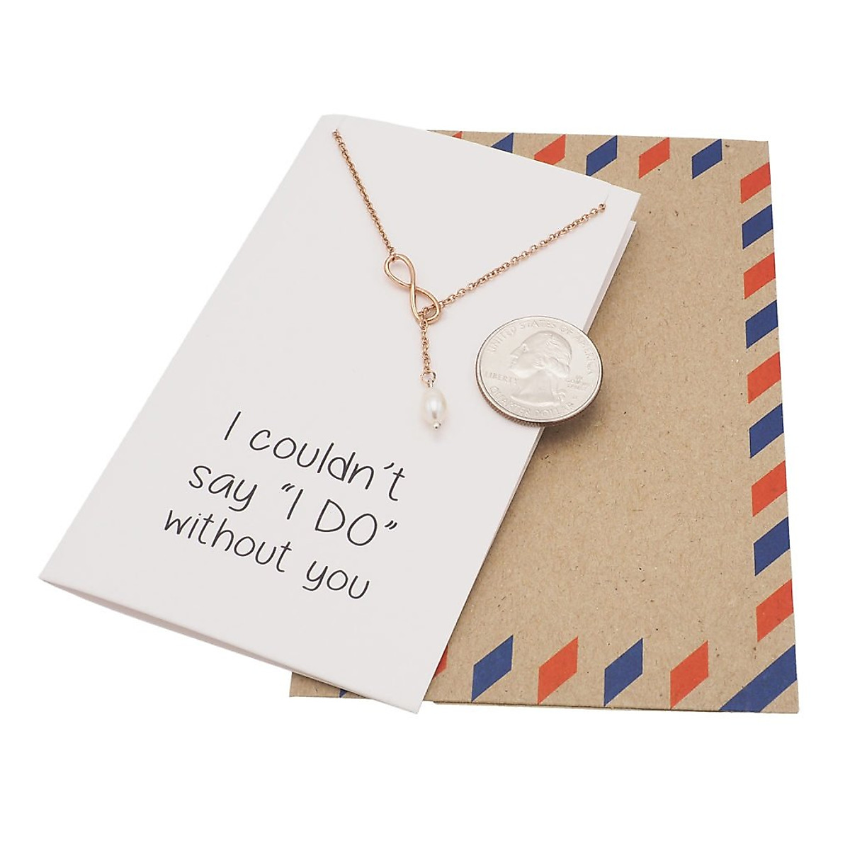 Quan Jewelry Handmade Maid of Honor Gift, Infinity and Pearl Lariat Necklaces, Bridesmaids Necklace with Greeting Card, Rose Gold Tone