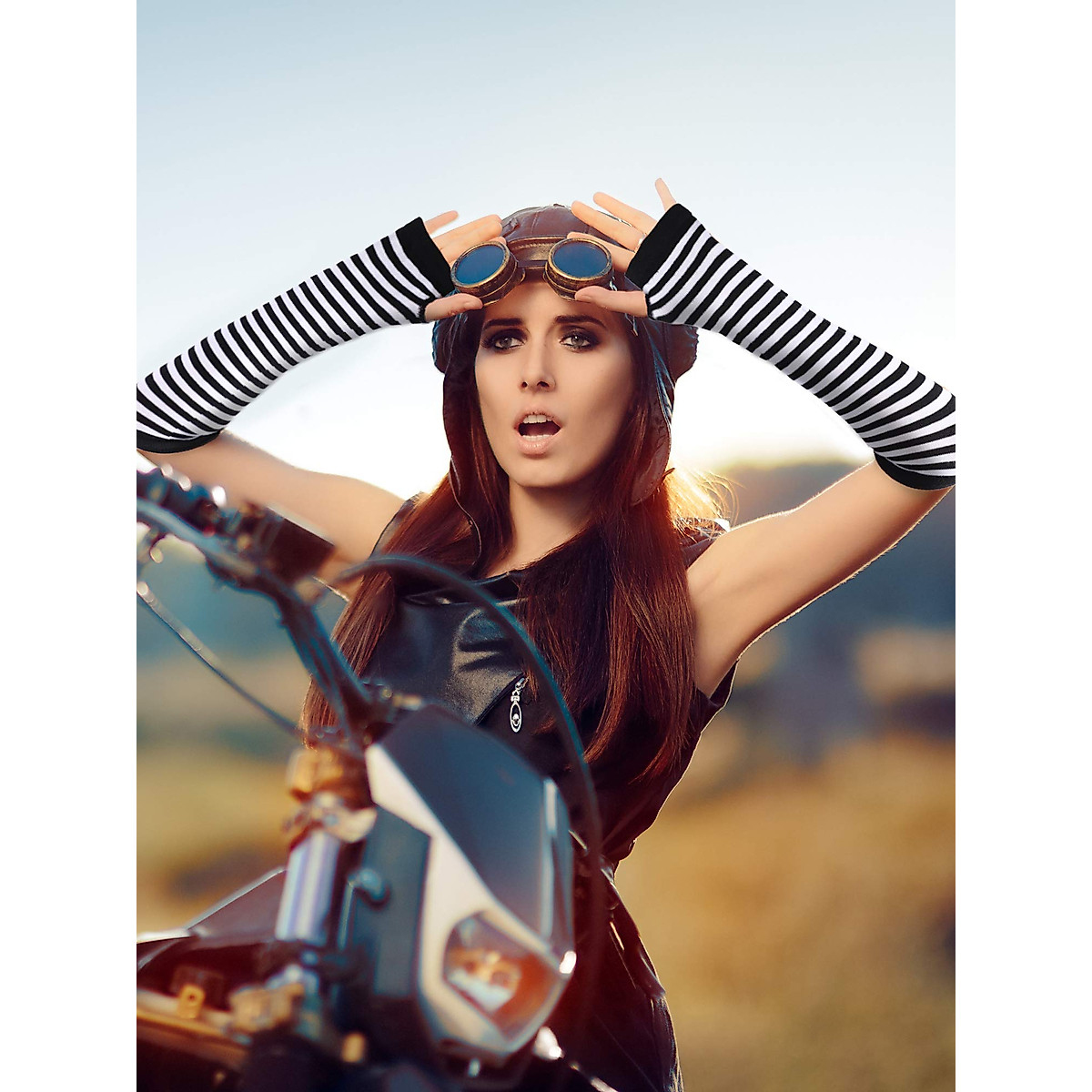 Bememo 4 Pairs Punk Gothic Long Fingerless Gloves Knitted Arm Warmer Elbow Length Gloves Thumb Hole Gloves (Dark Grey, Light Grey, Striped Color)