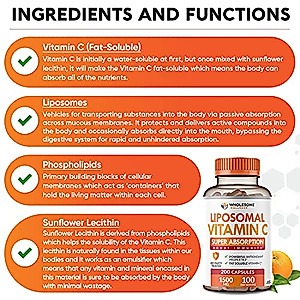 Liposomal Vitamin C Capsules (200 Pills 1500mg Buffered) High Absorption VIT C, Immune System & Collagen Booster, High Dose Fat Soluble Immunity Support Ascorbic Acid Supplement, Natural Vegan