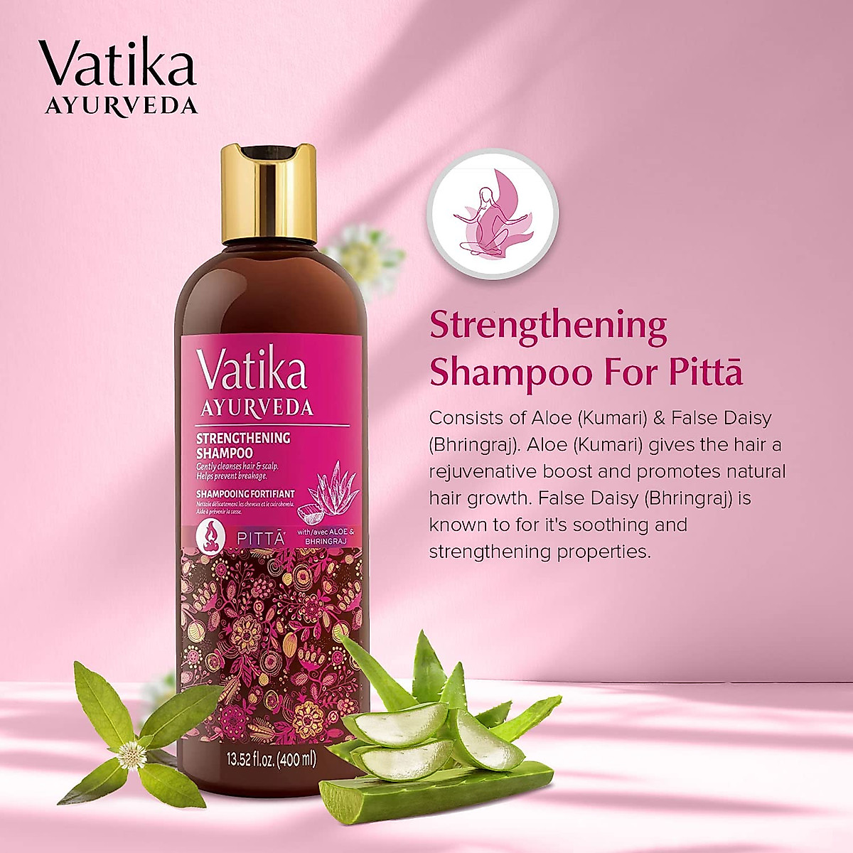 Vatika Ayurveda Strengthening Shampoo, Natural Deep Moisturizing, Hydrating Contains Aloe + False Daisy for Dry, Thin, Color Treated Hair, Long Hair, Split Ends & Strengthening Hair, 400ml (For Pitta)