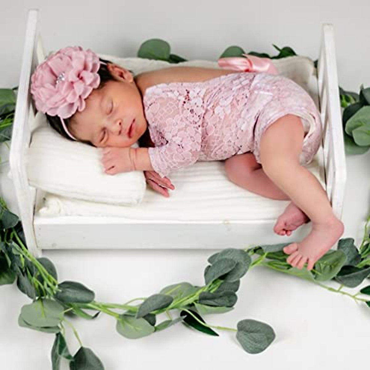 Baby Photography Props Outfit Lace Rompers Newborn Girl Photo Shoot Outfits Flower Headband Princess Costume (Snow bud color)
