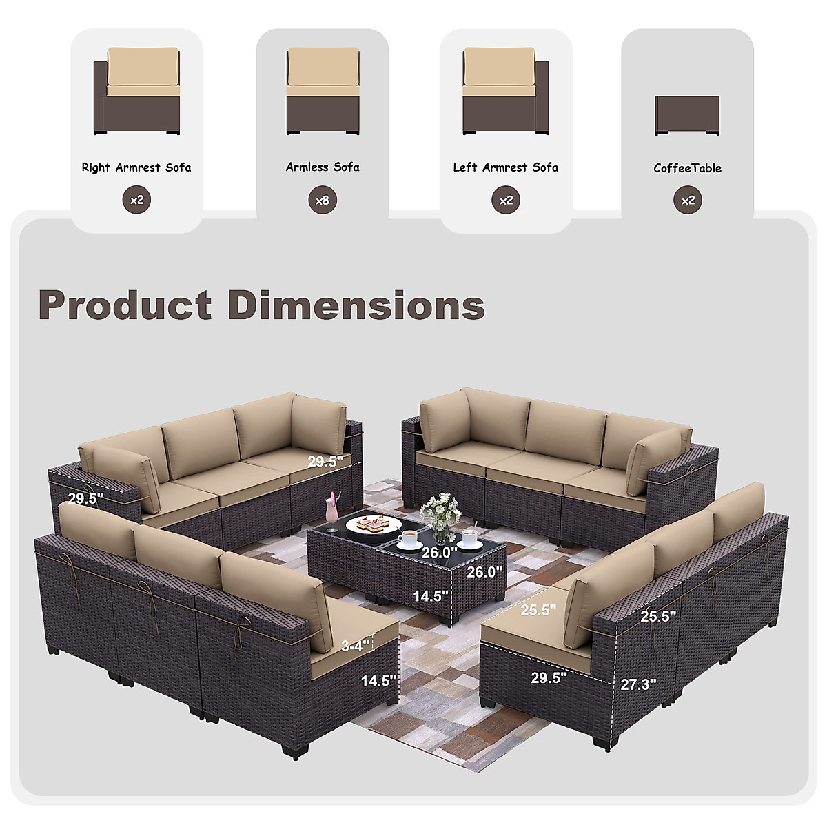 Delnavik Patio Furniture Set 14-Pieces Outdoor Furniture for Backyard Wicker Sectional Sofa Set, Rattan Patio Conversation Set with Thickened Cushions and Glass Coffee Table, Sand