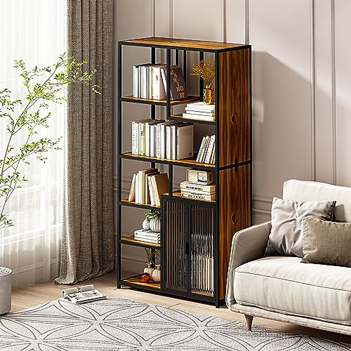 Wetiny Bookcase with Glass Door, 5-Tier Ladder Bookshelf with Cabinet, Bedroom, Living Room, Industrial Furniture, Small Office/Home Office, Black…