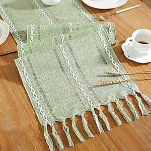 Laolitou Rustic Table Runner with Tassels, Cotton Linen Table Decoration for Christmas Holiday Party, Farmhouse Table Runners, Wedding and Dining Decorations, 72 Inches, Sage Green