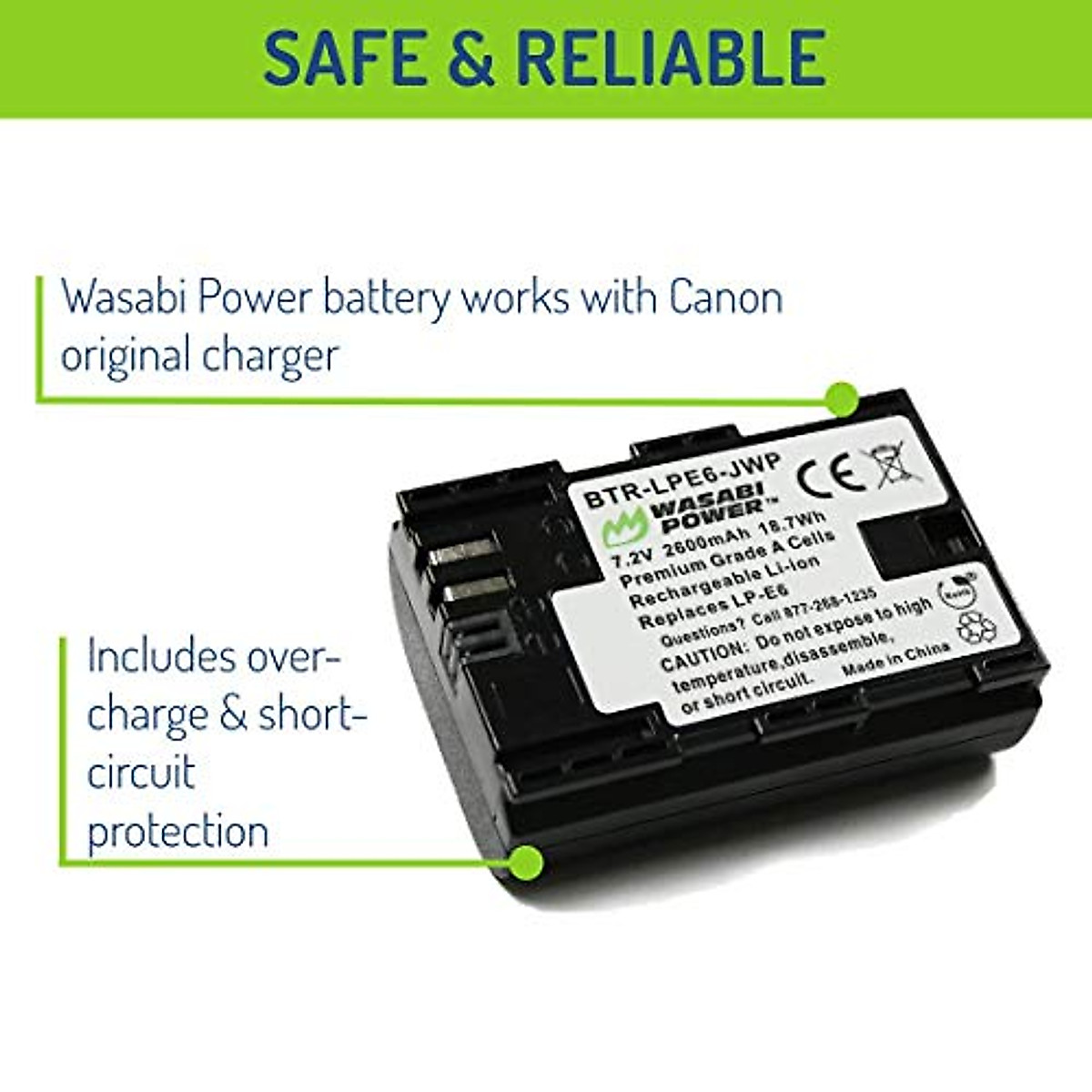 Wasabi Power LP-E6, LP-E6N Battery for Canon EOS 5D Mark II/III/IV, 5DS, 5DS R, 6D, 6D Mark II, 7D, 7D Mark II, 70D, 80D, 90D, R, R5, R6, Ra, XC10, XC15, BMPCC 4K, BMPCC 6K