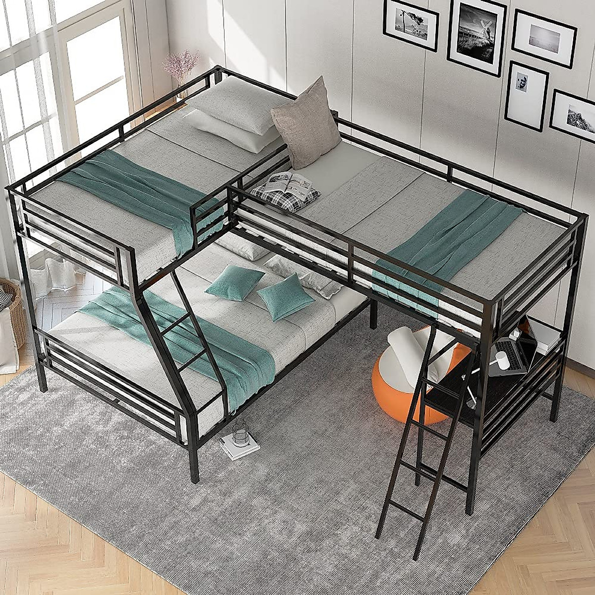 Twin Over Full Bunk Bed, L-Shaped Metal Triple Bunk Bed Frame Attached Twin Loft Bed with DeskLadderGuardrails, 3 Bed Bunk Beds for KidsTeens LF, Black