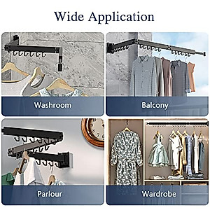 BHeadCat Clothes Laundry Drying Rack Wall Mounted, Retractable Garment Hanger with Hooks, Easy to Install, Strong Load-Bearing, Tri-Collapsible Clothes Dry Rack for Balcony, Bathroom, Bedroom