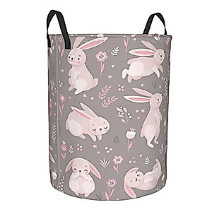 FeHuew Lovely Rabbits Cute Bunny Floral Collapsible Laundry Basket with Handle Waterproof Fabric Hamper Laundry Storage Baskets Organizer Large Bins for Dirty Clothes,toys,Bathroom
