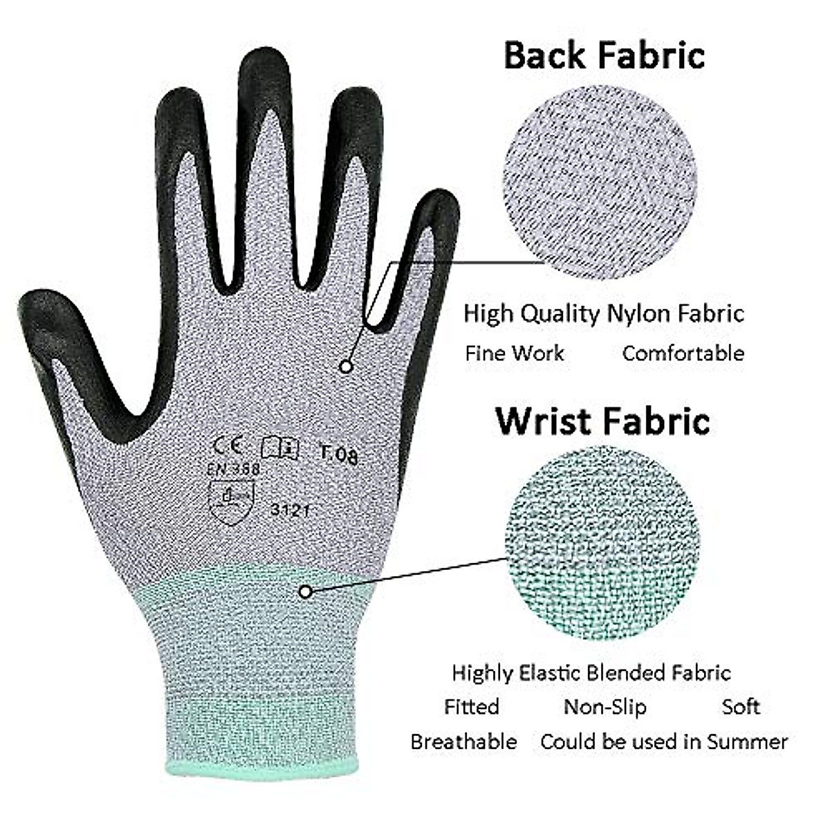 Ultra Durable Safety Work Gloves for Women Men, Seamless Knit Non-Slip Elastic Nylon Gloves, Power Grip, 3D Comfort Stretch Fit, Smart Touch Screen, Breathable, Abrasion, Antistatic, Small