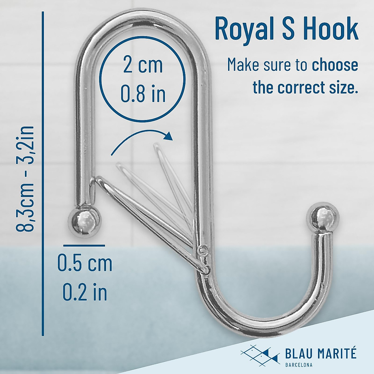 Blau Marité 10 Metalic S-Hooks with Anti-Fall System. Anti Drop S-Shaped Hook with Safety Buckle to Prevent Falls. Heavy Duty. (Silver, 3.25in Long (Diameter Rod<0.8in))