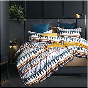 Bohemian Duvet Cover Striped Ethnic Boho Reversible Southwestern 400TC Cotton Bedding 3pc Set Navy White Orange Modern Geo Aztec Print (Queen, Teal Rust)
