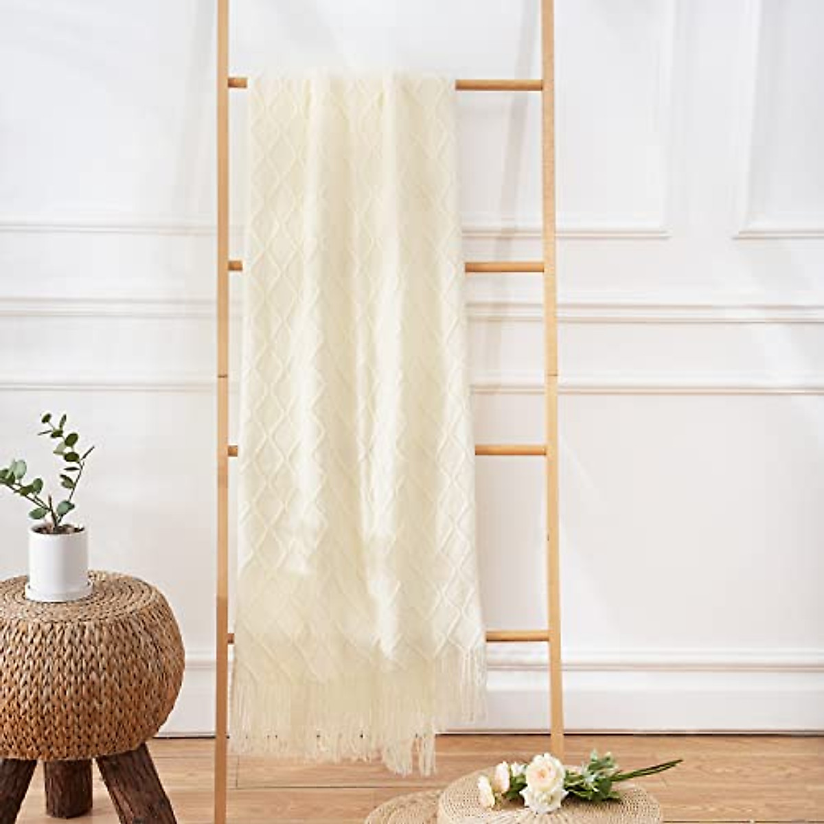 Yastouay Knitted Throw Blankets Soft Cozy Knit Blanket with Tassel Lightweight Breathable Fleece Blanket Decorative Blanket for Couch, Bed, Sofa, Travel and Farmhouse, 50"x60", Off White