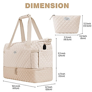 ETRONIK Travel Bag for Women, Gym Duffel Bag with USB Charging Port, Weekender Overnight Bag with Wet Pocket and Shoes Compartment for Women Travel Gym Daily Use (Khaki/White)