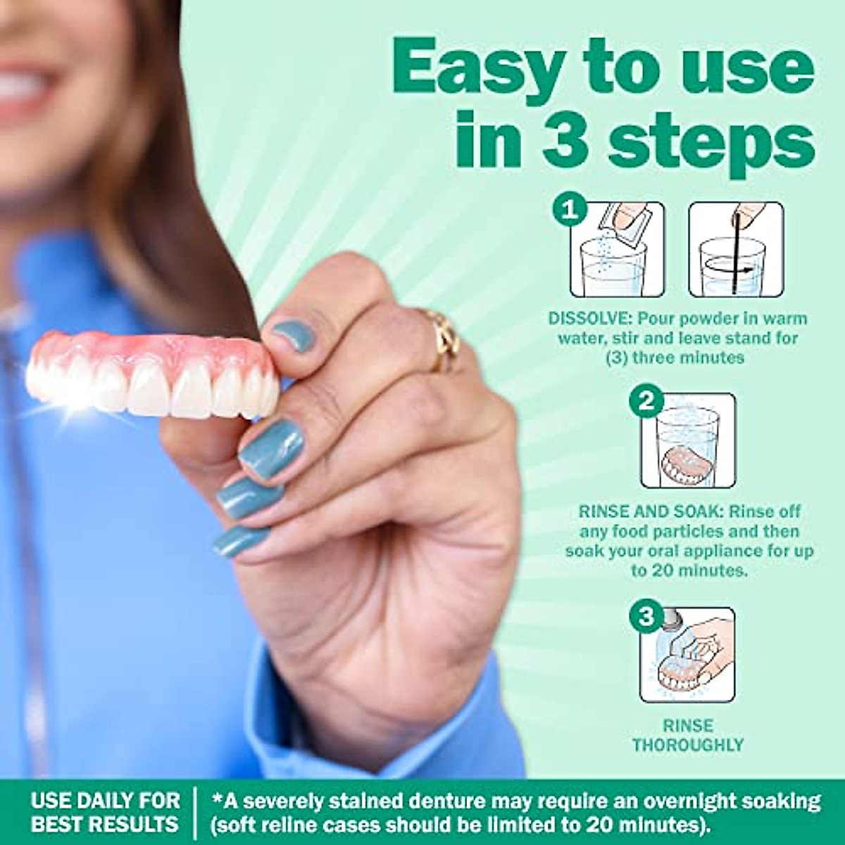 Protech Denture Cleaner 7g (3-Month Supply) Denture Cleanser Foils for Retainers, Nightguards, Mouthguards, and Dentures, Nicotine, Coffee and Iron Cleaning Foils, No Tablets, Long Lasting Packets