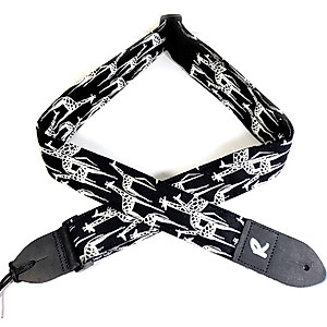 White Giraffe on Black Guitar Strap - Genuine Leather Ends, Includes 2 Strap Locks & 1 Pick. Adjustable Strap, For Bass, Electric & Acoustic Guitars Gift for Guitar Players Men, Women & Kids
