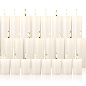 Nuogo 24 Pcs Ivory Pillar Candles Bulk Set of 3 Long Burning Wax Pillar Candles 2 in x 3, 6, 8 Inch Dripless Unscented Smokeless Candles for Wedding Party Spa Lantern Fireplace Home