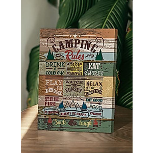 Camping Rules Play Fun Relax Smile Laugh Wood Grain Pattern Wall Art Prints Artwork Decor for Camper Themed Canvas Wall Art Prints,RV Outdoor Living Room Home Decorations,11"x14"