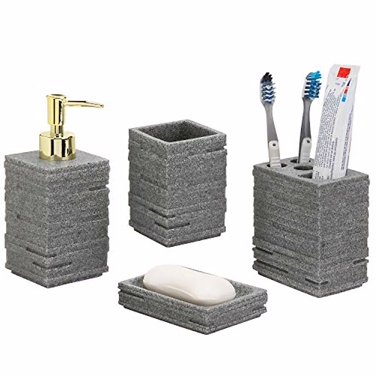 MyGift 4 Piece Gray Bathroom Accessories Set, Modern Stone Style Bath Decor Countertop Organizers Includes Brass Tone Lotion/Liquid Soap Dispenser Pump, Toothbrush Holder, Tumbler, and Soap Dish