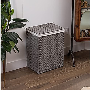 BIRDROCK HOME Single Laundry Hamper with Lid - Grey - Liner Bag - Hand Woven - Small Collapsible Hampers - Foldable Bin - Synthetic PE Rattan - Hand Woven - Clothes Basket