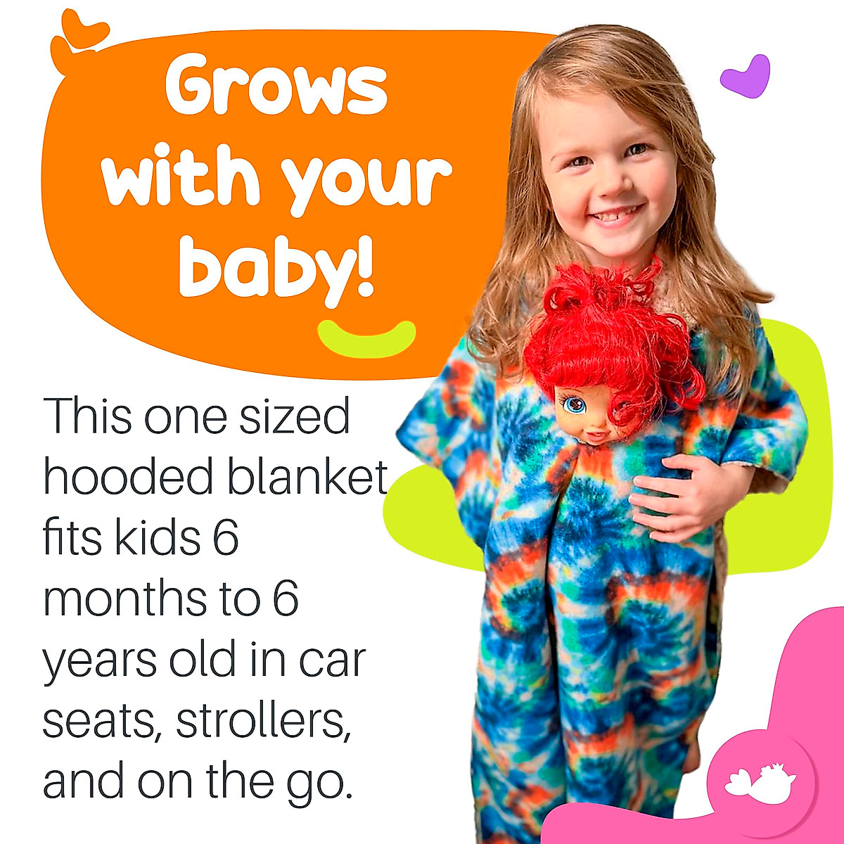 Birdy Boutique Car Seat Poncho for Kids – Safe to Use Over Seat Belts – Reversible Warm and Cozy Blanket – Easy on Easy Off and Doesn’t Impact Car Seat Performance – Tie Dye – One Size