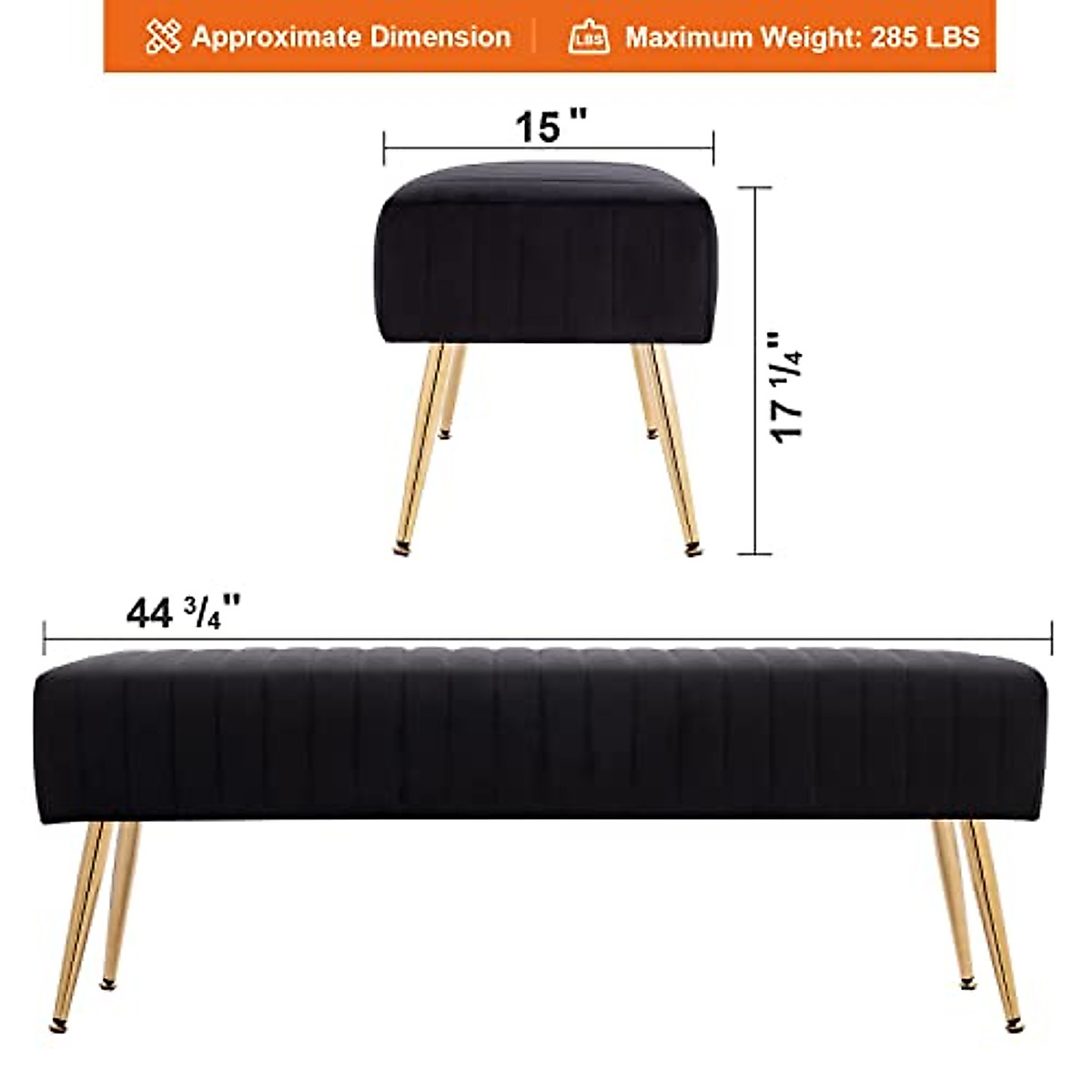Furnimart 44 Inch Velvet Bench Ottoman Comfortable Footrest Stool Table Bench Dining Bench Tufting Bench Indoor Bench with Gold Legs for Living Room Bedroom Entryway (Velvet-Black)