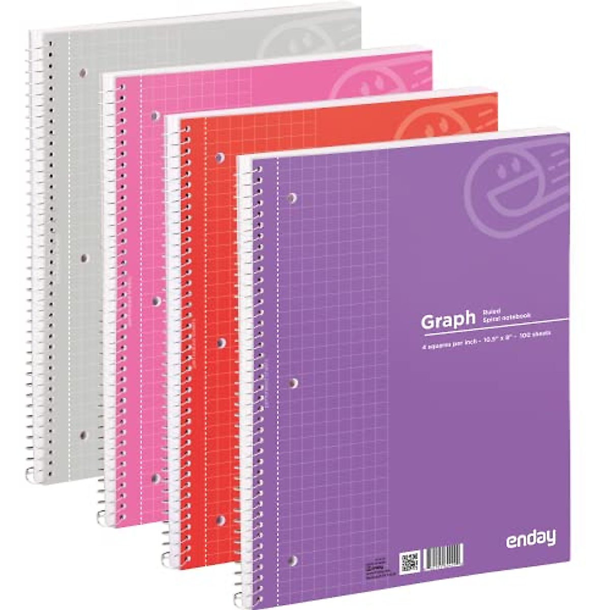 Graph Paper Notebook Quad Ruled Spiral Grid Notebook PACK Of 4 White Paper 100 Sheets Assorted Colors Wire Bound Graphing Books - by Emraw