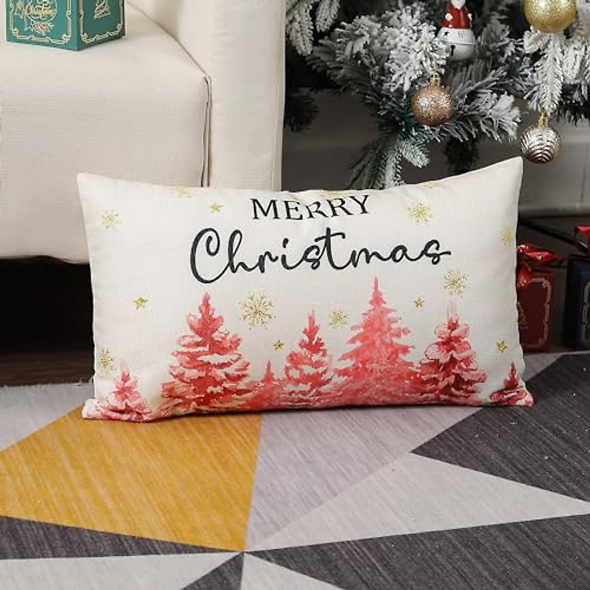 wyooxoo Christmas Pillow Covers 12x20 Inch Christmas Tree Pink Decorations Throw Pillow Covers Winter Holiday Decor Linen Pillowcase for Sofa Couch Home Decor (12" x 20", Pink)