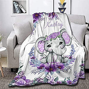 Abhibhu Elephant Purple Floral Custom Baby Blanket, Soft Cozy Fleece, XS for Babies, Personalized Name Blanket Gifts for Newborn Baby Shower