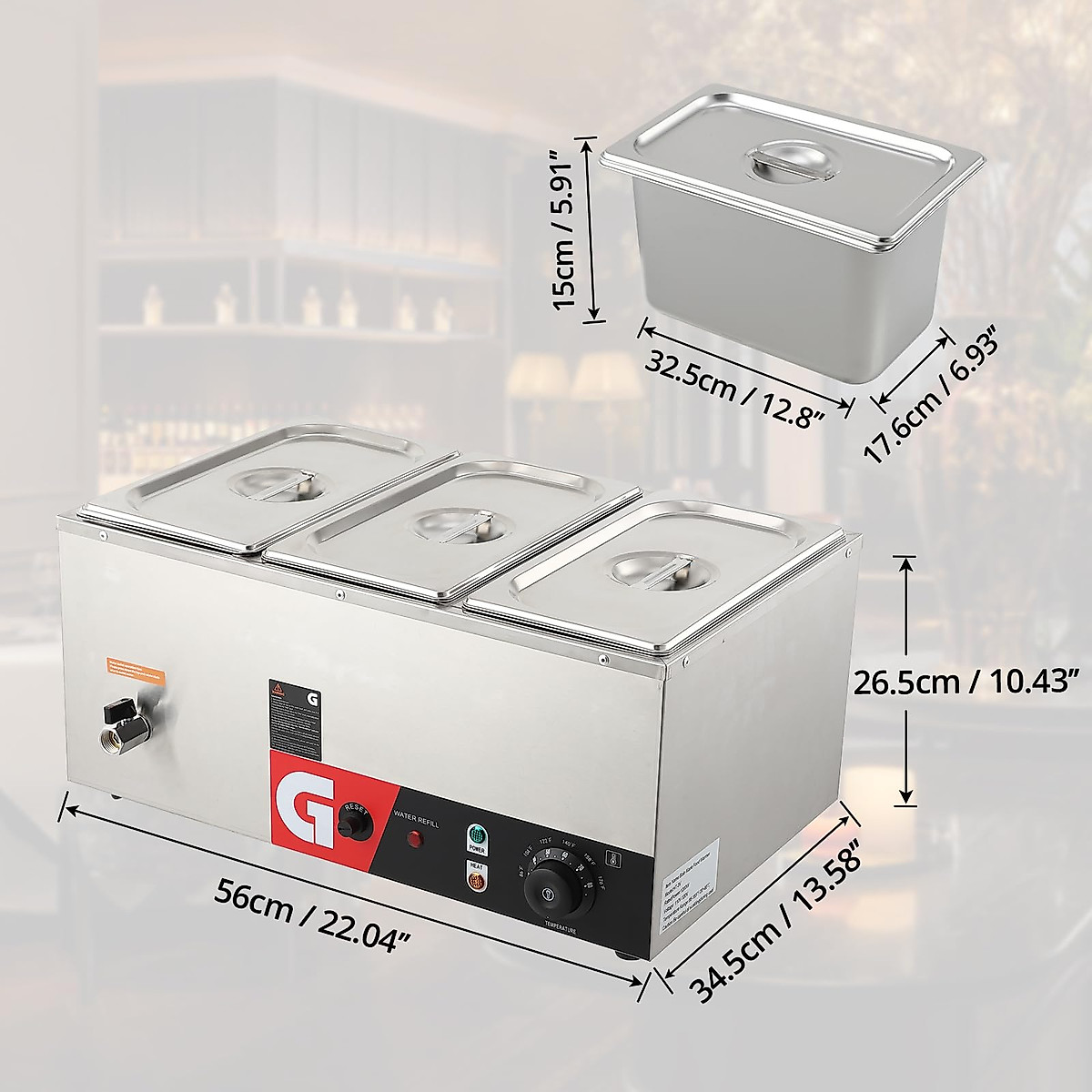 GarveeHome 3 Pan Commercial Food Warmer - 3 * 6.3QT Generous Capacity, 1200W Electric Steam Table, Stainless Steel, Efficient Heating, 86-185°F Temp Control for Catering and Restaurants
