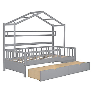 Harper & Bright Designs Twin House Bed with 2 Storage Drawers, Kids Twin Platform Bed Frame with Storage Shelves, Fence and Roof, Tent Bed, Wood Playhouse Bed Twin for Kids Teens Girls & Boys (Gray)