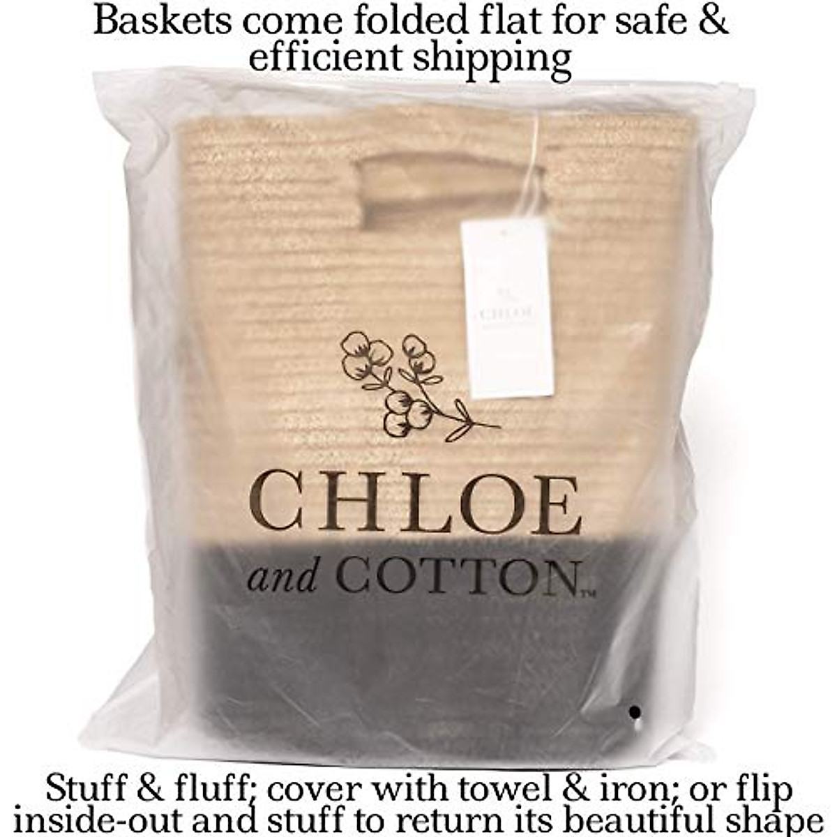Chloe and Cotton XXXL Extra Large Woven Rope Storage Basket 15 x 21 inch Jute Black Handles | Decorative Laundry Clothes Hamper, Blanket, Towel, Baby Nursery Diaper, Toy Bin Cute Collapsible Organizer