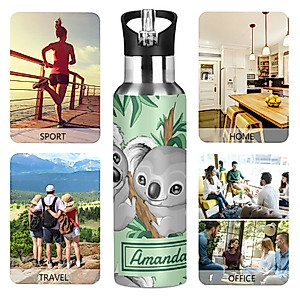 Koala Cute On Green Sport Water Bottle with Straw Lid Leakproof Kids Insulated Stainless Steel Water Flask Thermos Bottle for Gym Outdoor 20 oz