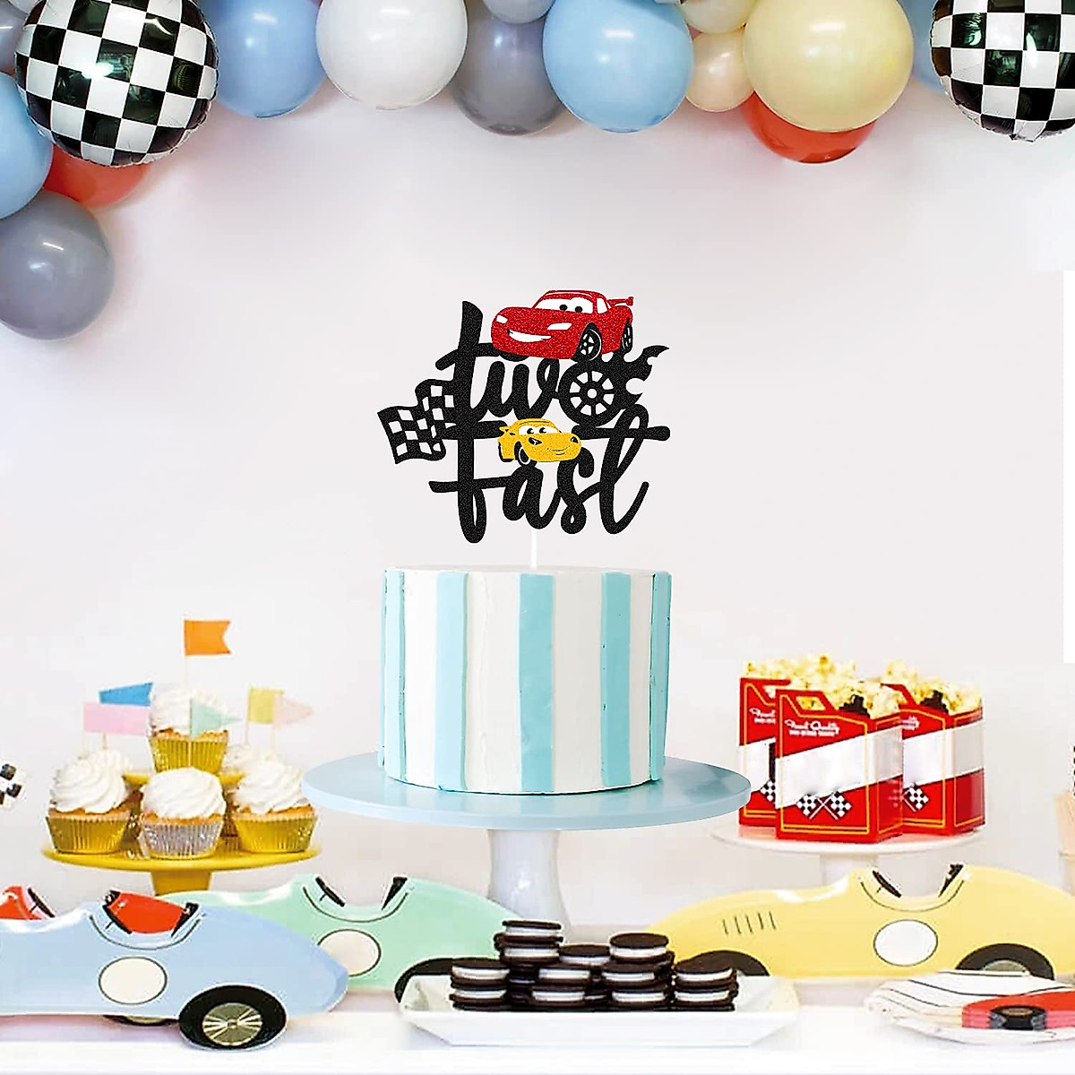 Two Fast Cake Topper Race Car 2nd Cake Decoration for Racing Car Checkered Flag Themed Kids Boy Girl 2 Years Old Happy 2s Birthday Party Supplies Double Sided