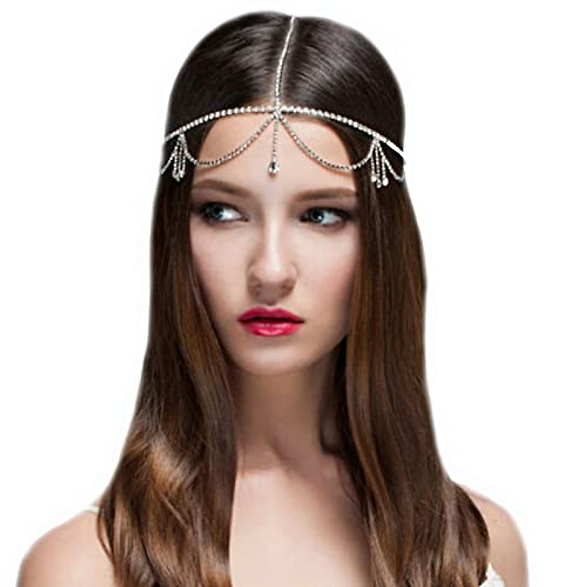 Rhinestone Waterdrop Head Chain Headwear Crystal Forehead Headband Wedding Bridal Hair Chain Headpiece for Women Hair Jewelry (Silver 2)